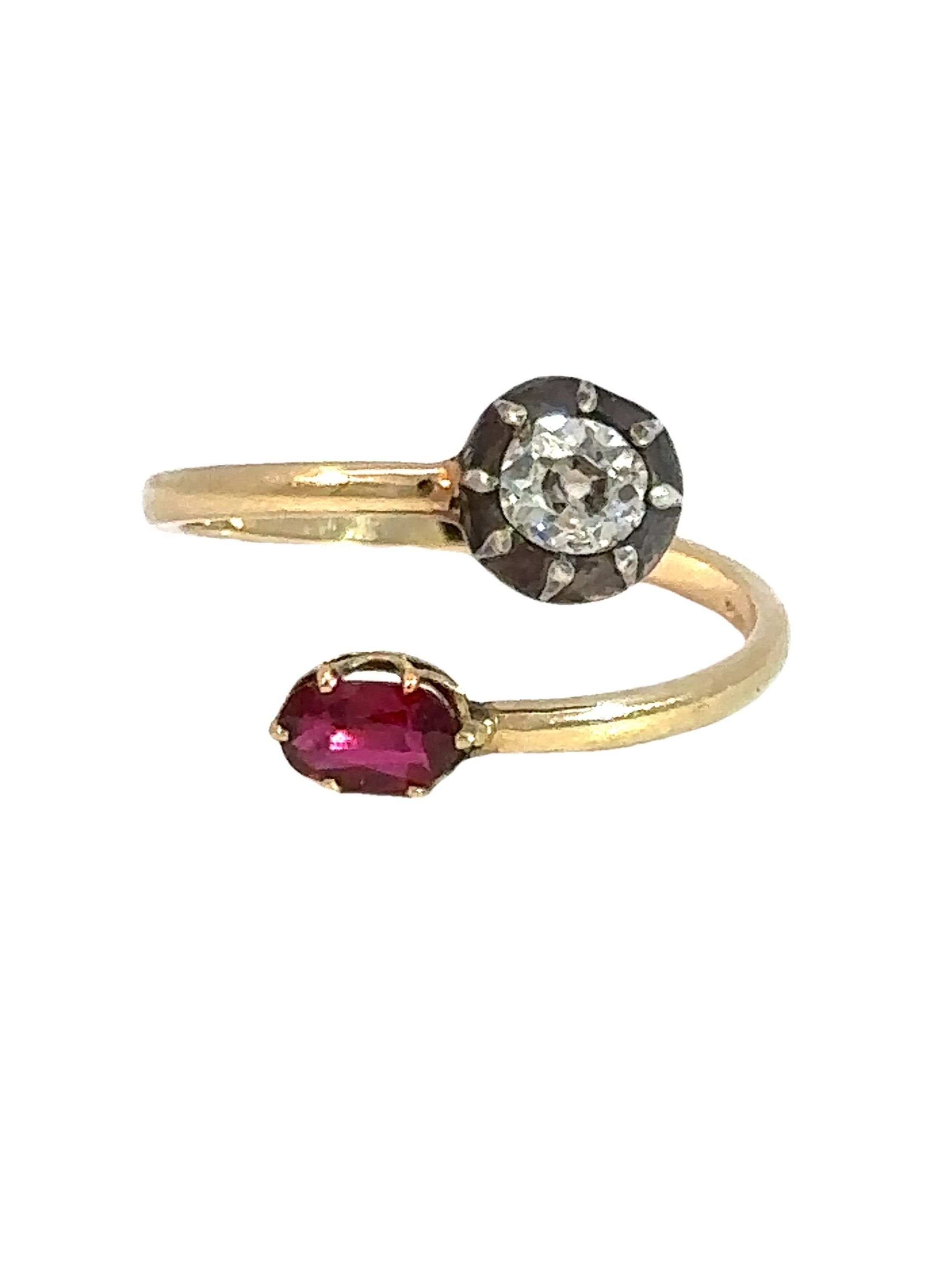 Antique 14k Yellow Gold Toi et Moi Ruby and Diamond Conversion Ring ...